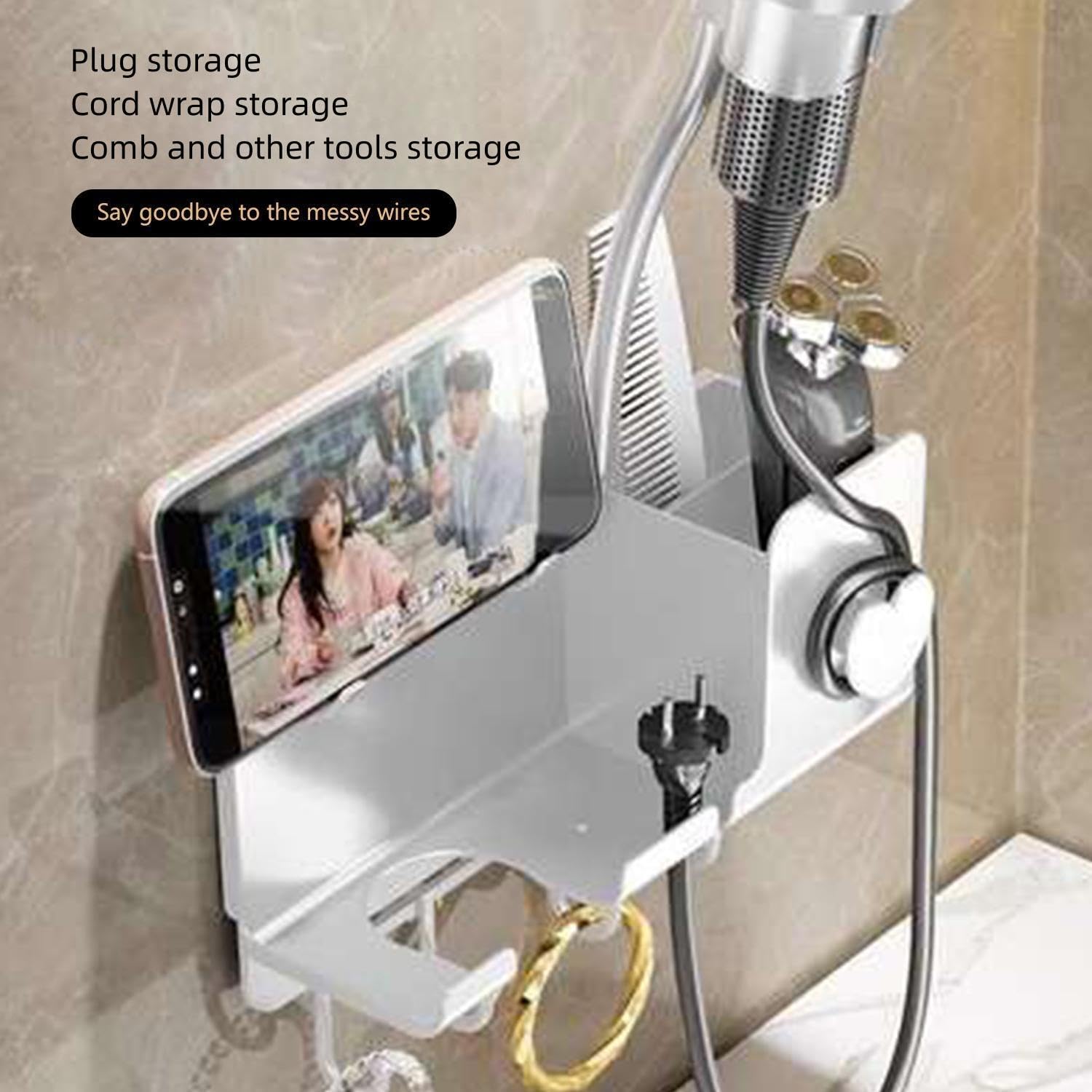 PIANYEATS Adhesive Hands Free Wall Mounted No Drilling Blow Hair Dryer Holder Stand Rack Frame Hanger Shelf Hook toll Organizer Storage for Bathroom
