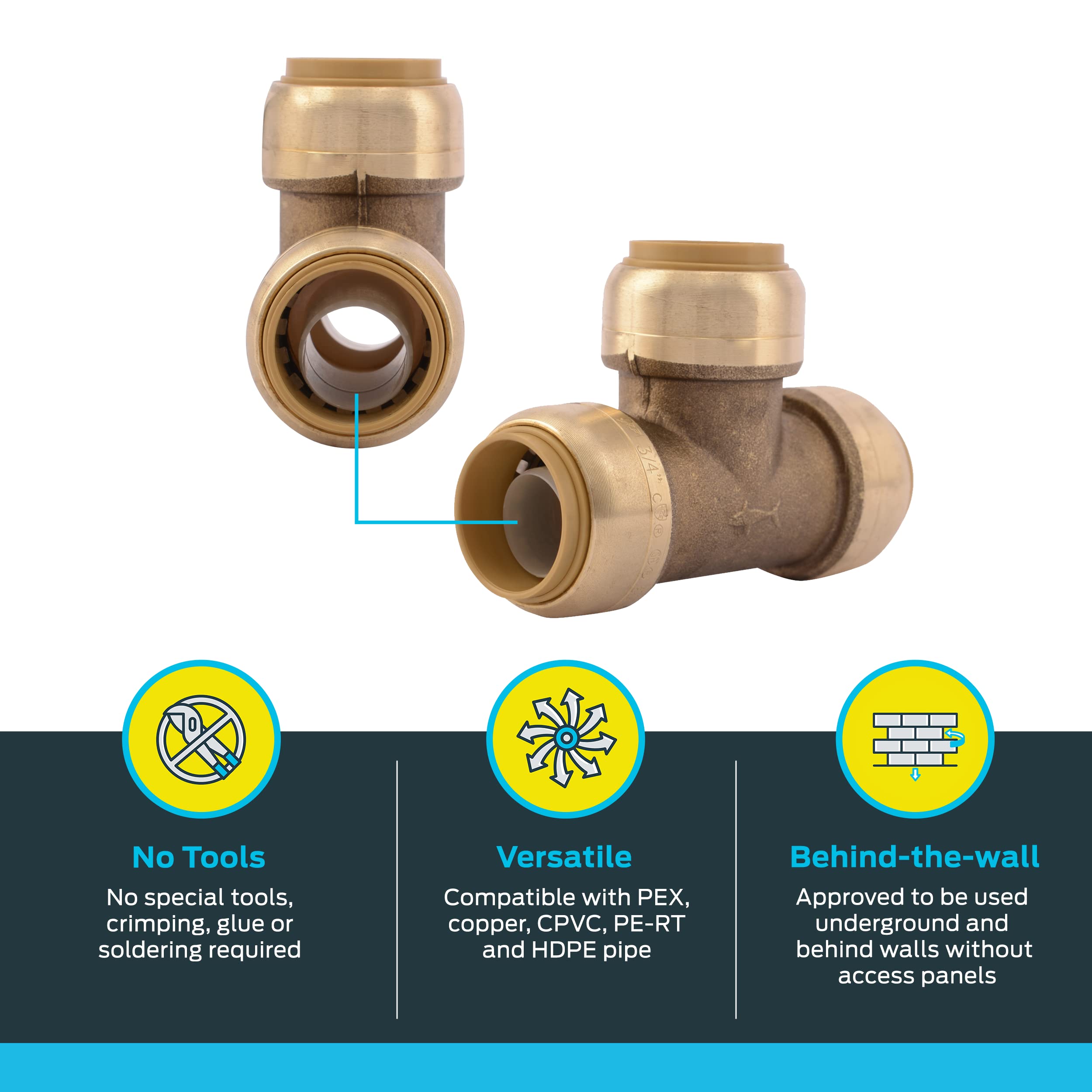SharkBite 3/4 Inch Tee, Push to Connect Brass Plumbing Fitting, PEX Pipe, Copper, CPVC, PE-RT, HDPE, U370LFA