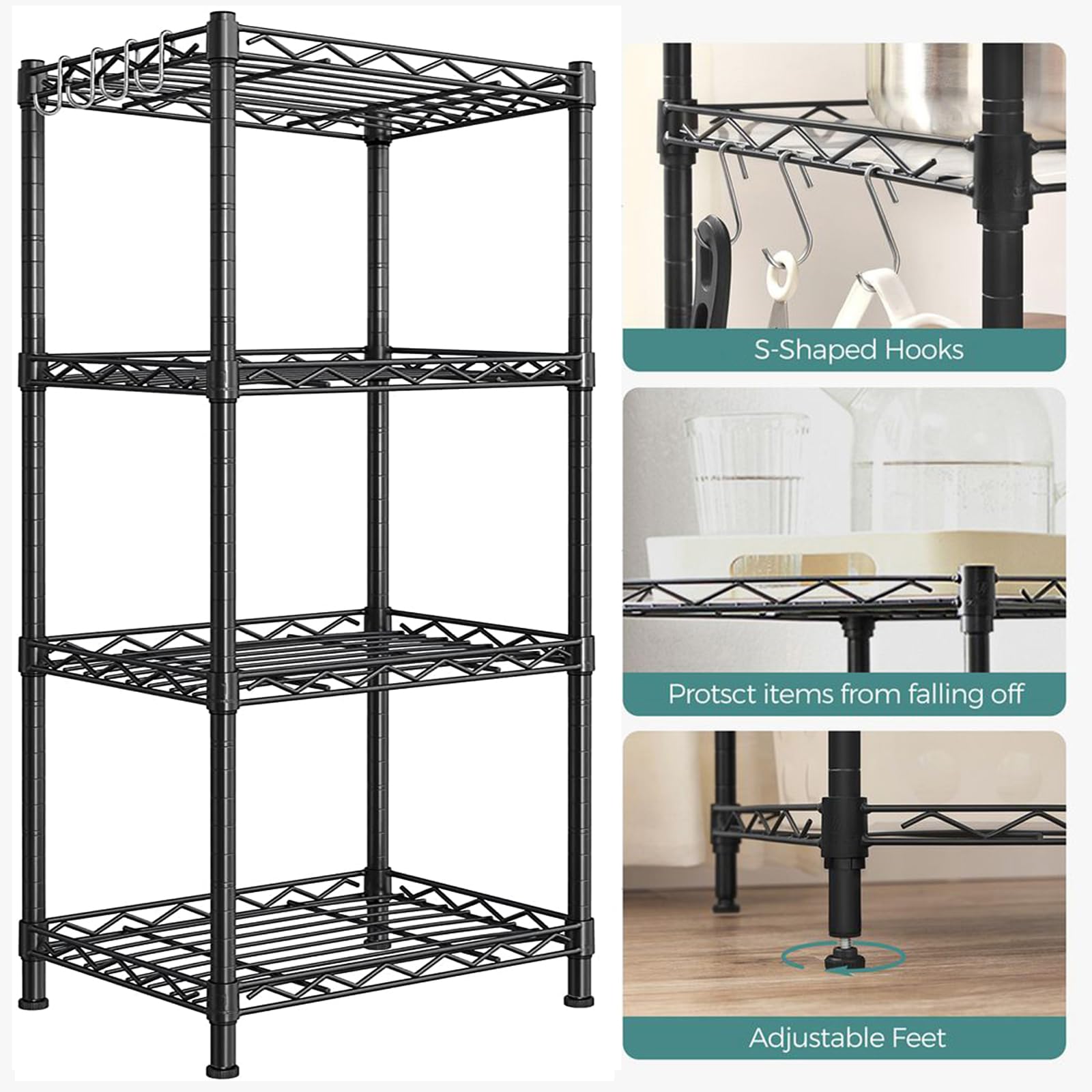 Santoy 4 Tier Metal Shelves for Storage,Shelving Unit for Kitchen, Bathroom, Pantry, Closet, and Bedroom - Strong Steel Wire Organizer Rack (Black, 21.7’’L*11.8’’W*42’’H)