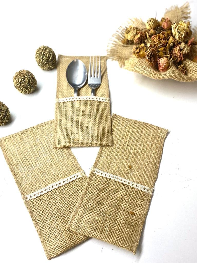 meditroia (Troia Textil(12,Pieces) Burlap Cutlery Holders Lace Utensil Pouch Knifes Forks Bag for Vintage Natural Wedding (4x8inch)