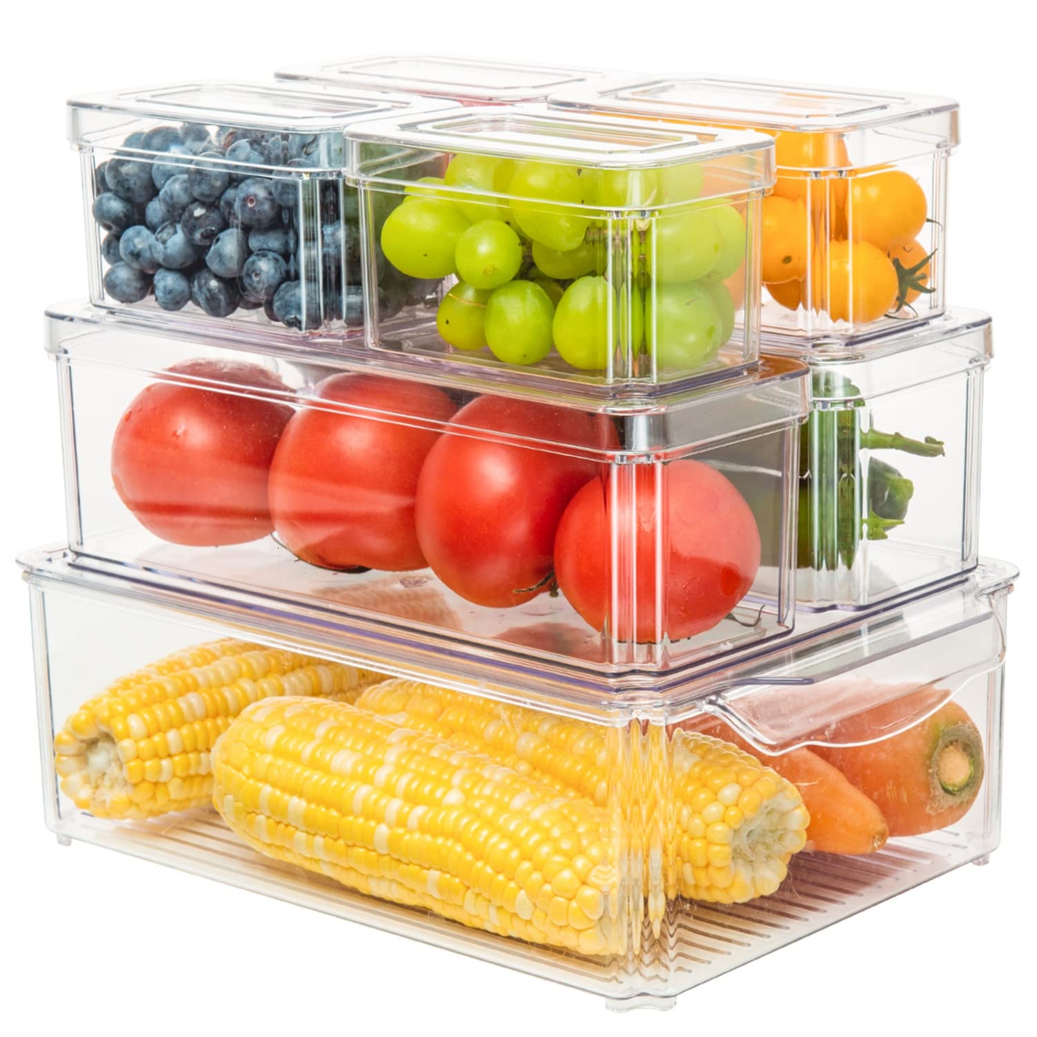Pomeat 7 Pack Fridge Organizers, Stackable Refrigerator Organizer Bins with Lids, Plastic Storage Bins, BPA-Free Fridge Organizers and Storage Clear for Food, Drinks, Fruits, Vegetable Storage