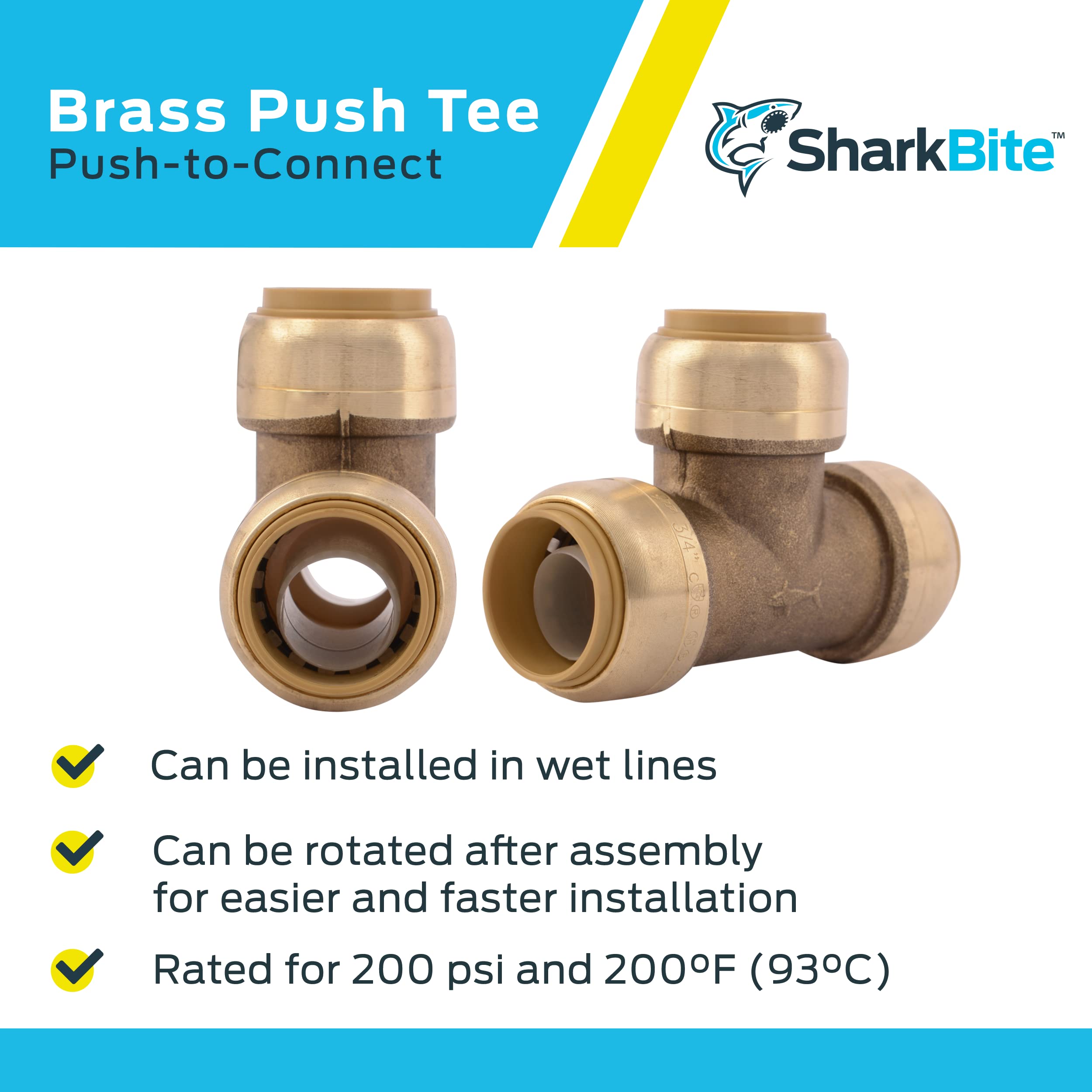 SharkBite 3/4 Inch Tee, Push to Connect Brass Plumbing Fitting, PEX Pipe, Copper, CPVC, PE-RT, HDPE, U370LFA