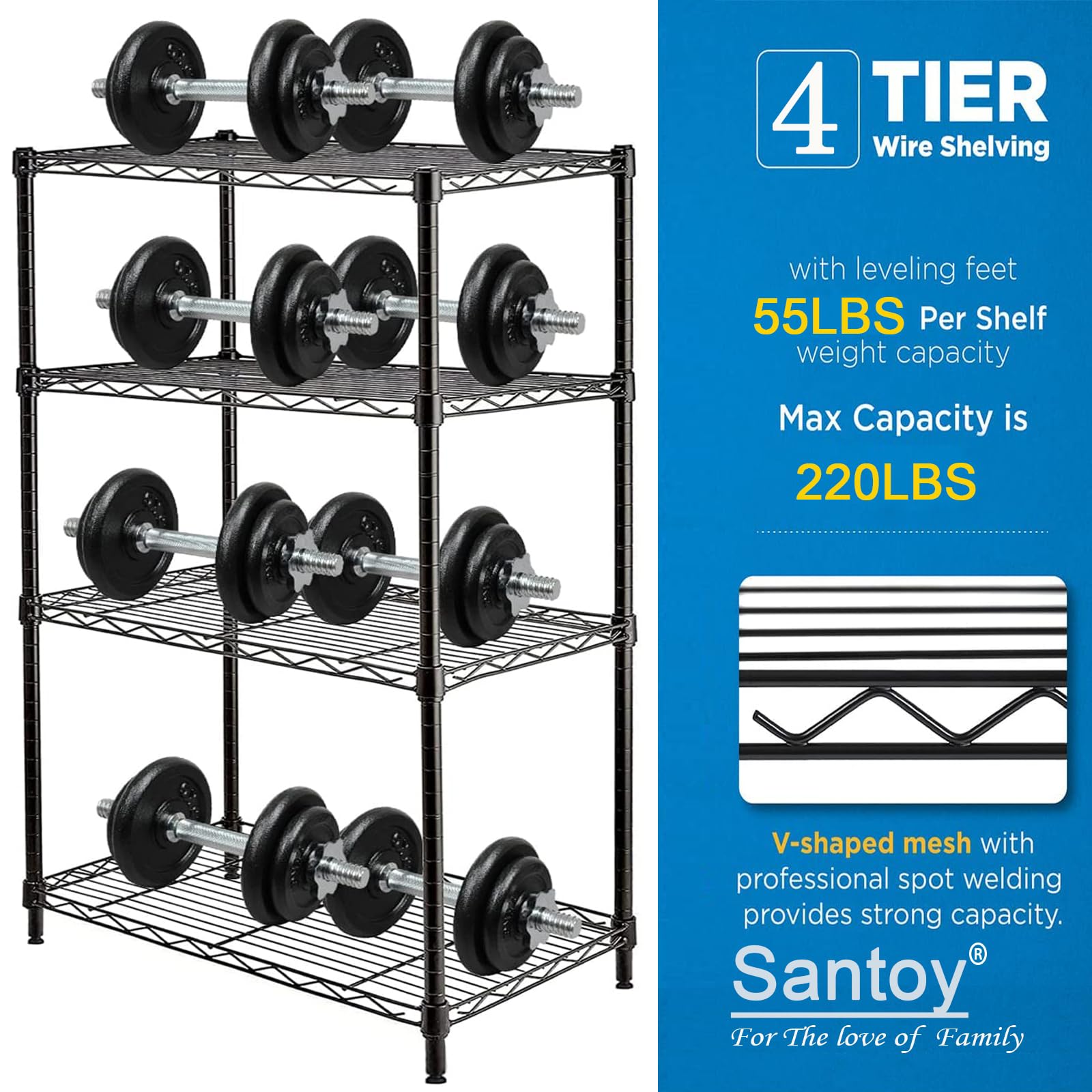 Santoy 4 Tier Metal Shelves for Storage,Shelving Unit for Kitchen, Bathroom, Pantry, Closet, and Bedroom - Strong Steel Wire Organizer Rack (Black, 21.7’’L*11.8’’W*42’’H)