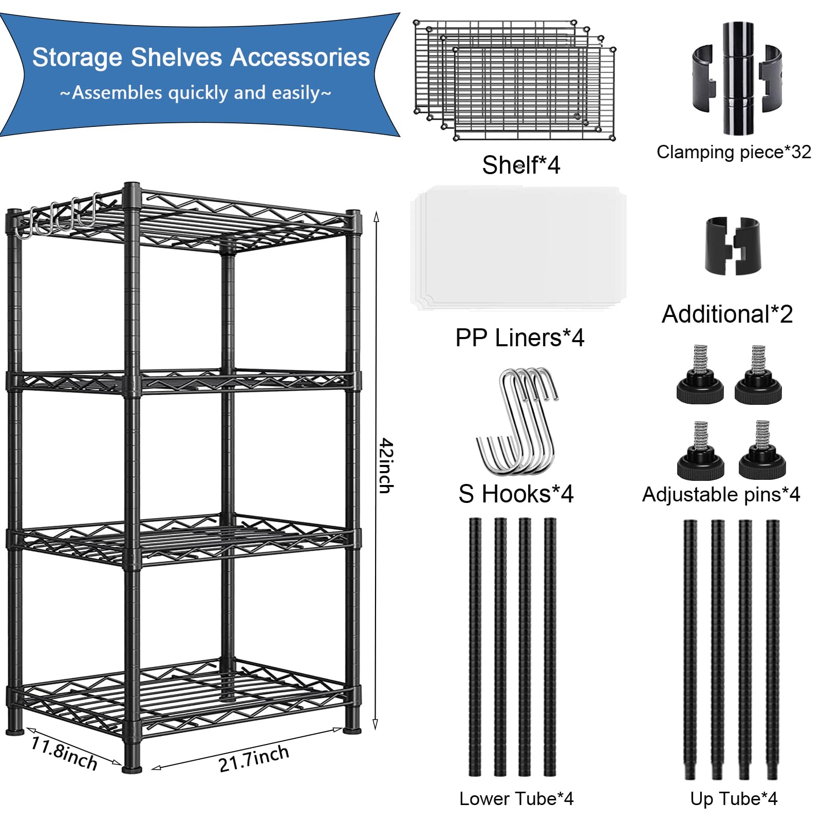 Santoy 4 Tier Metal Shelves for Storage,Shelving Unit for Kitchen, Bathroom, Pantry, Closet, and Bedroom - Strong Steel Wire Organizer Rack (Black, 21.7’’L*11.8’’W*42’’H)