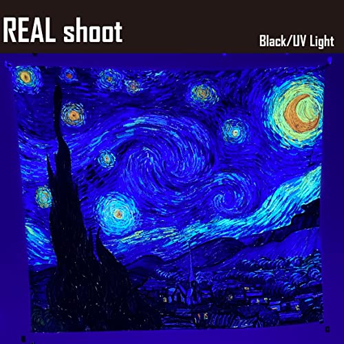 Starry Night Blacklight Tapestry by Van Gogh Wall Art for Bedroom Aesthetic, Abstract Wall Hanging UV Reactive Fabric Poster for Living Room Dorm, 39 x 29 Inches