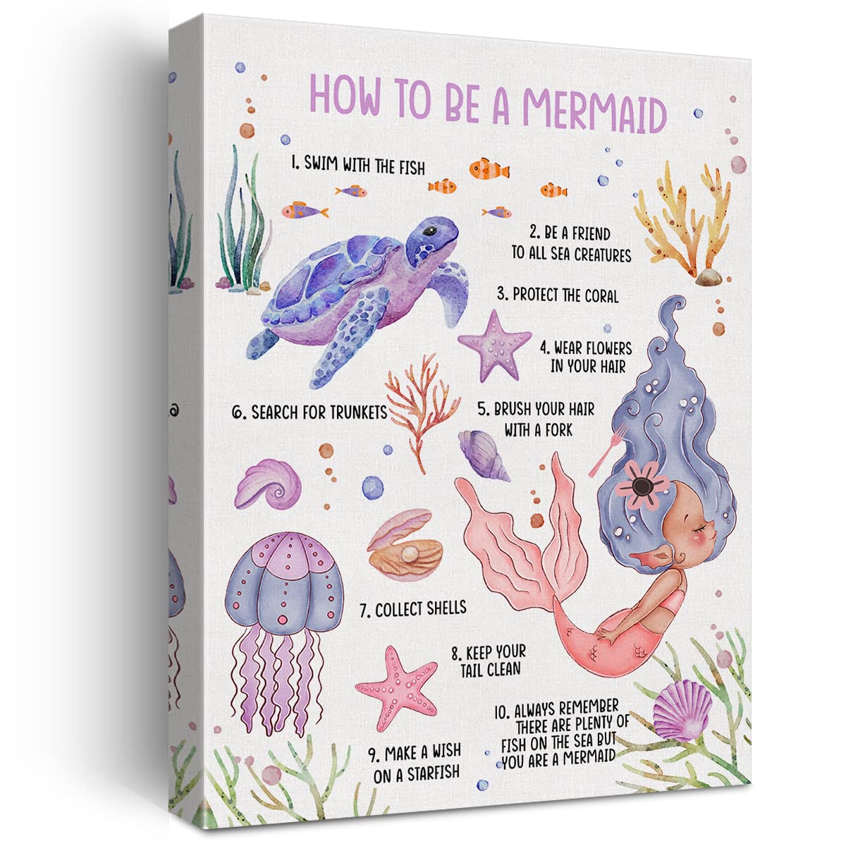 OEWD Nursery How to Be A Mermaid Canvas Wall Art Poster Print, Baby Girl Mermaid Painting Ready to Hang Girl Kids Nursery Bedroom Playroom Decor Gift (11.5" x 15")