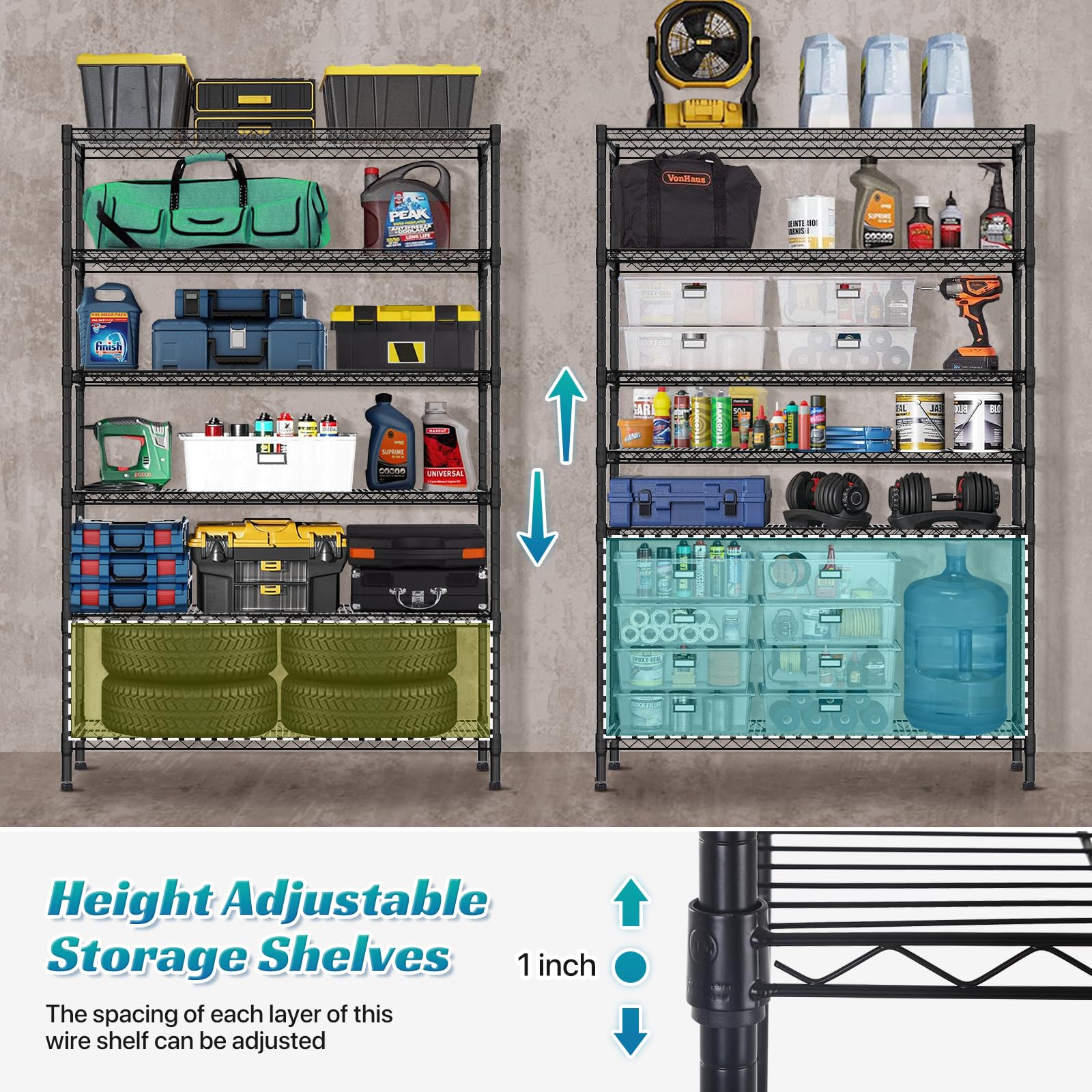 Dkeli Metal Shelves Garage Shelving Wire Shelving Unit with Wheels, 6000lbs Weight Capacity Heavy Duty NSF Height Adjustable Storage Shelves 6 Tier Steel Commercial Grade Wire Rack, Black