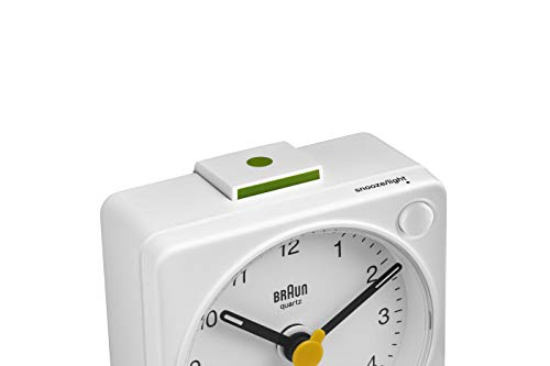 Braun Classic Travel Analogue Clock with Snooze and Light, Compact Size, Quiet Quartz Movement, Crescendo Beep Alarm in White, Model BC02XW, One