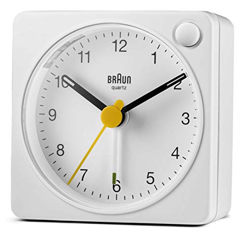 Braun Classic Travel Analogue Clock with Snooze and Light, Compact Size, Quiet Quartz Movement, Crescendo Beep Alarm in White, Model BC02XW, One