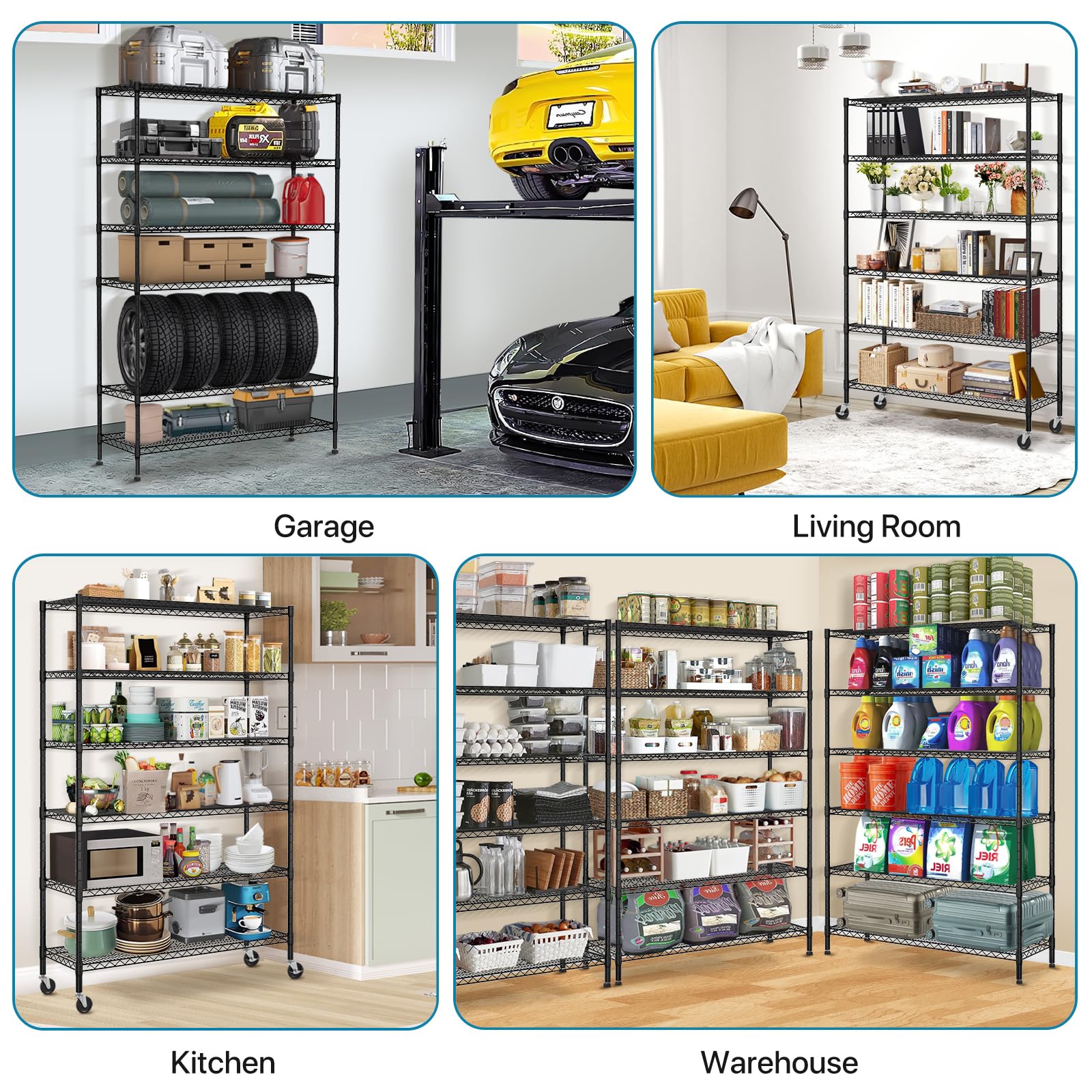 Dkeli Metal Shelves Garage Shelving Wire Shelving Unit with Wheels, 6000lbs Weight Capacity Heavy Duty NSF Height Adjustable Storage Shelves 6 Tier Steel Commercial Grade Wire Rack, Black