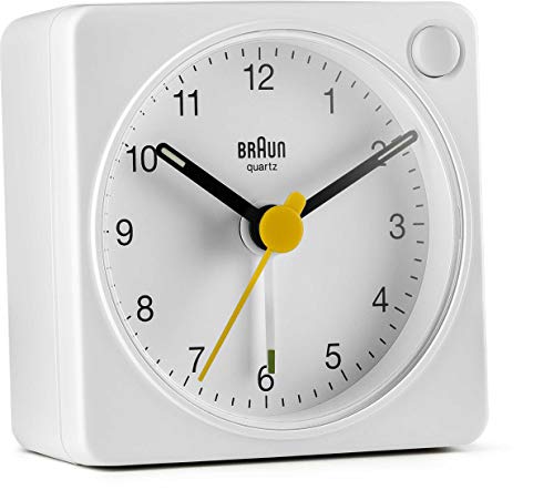 Braun Classic Travel Analogue Clock with Snooze and Light, Compact Size, Quiet Quartz Movement, Crescendo Beep Alarm in White, Model BC02XW, One