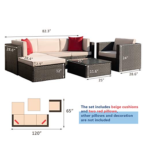 Flamaker 6 Pieces Patio Furniture Set Outdoor Sectional Sofa Outdoor Furniture Set Patio Sofa Set Conversation Set with Cushion and Table (Beige)