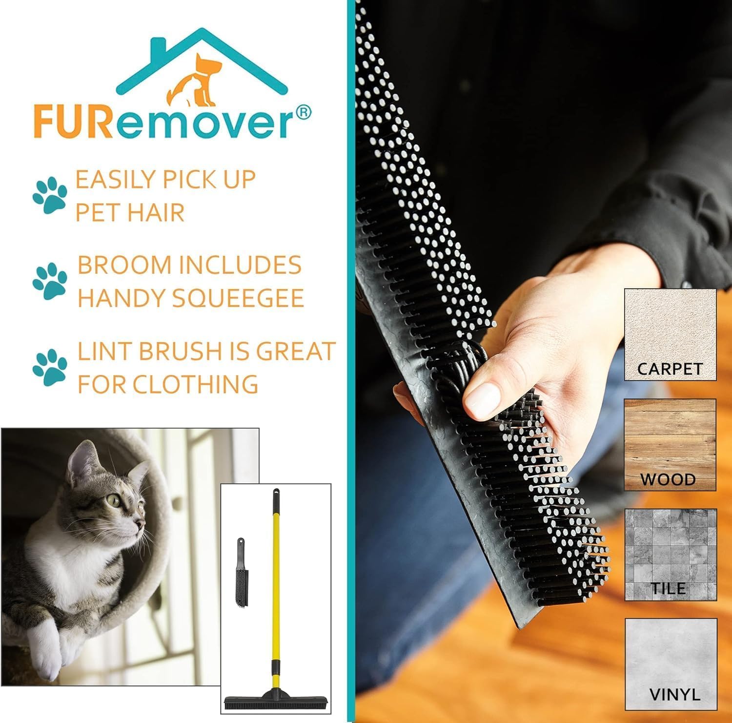 FURemover Pet Hair Removal Broom and Lint Brush Combo with Squeegee and Telescoping Handle That Extends from 3-5', Lint Brush Colors May Vary