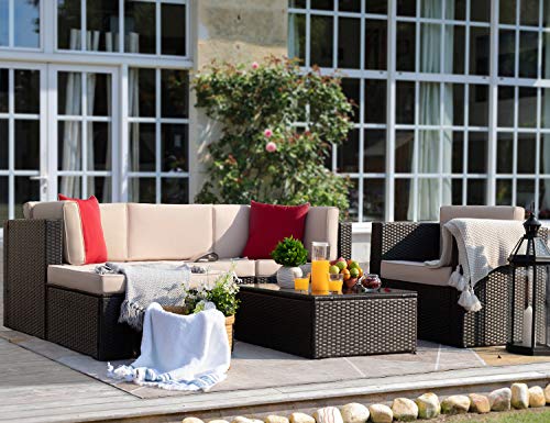 Flamaker 6 Pieces Patio Furniture Set Outdoor Sectional Sofa Outdoor Furniture Set Patio Sofa Set Conversation Set with Cushion and Table (Beige)