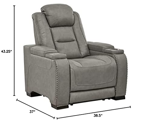 Signature Design by Ashley The Man-Den Leather Power Recliner with Adjustable Headrest & Wireless Charging, Gray
