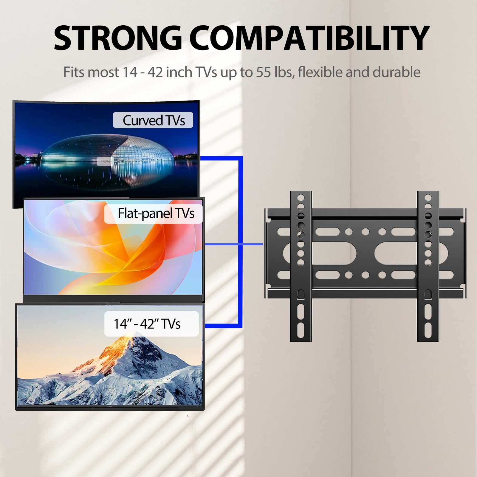 GLWIXY Fixed TV Wall Mount for 14-42" Flat Screen TVs, Small Wall Mount TV Bracket fit 19 24 28 32 35 39 40 inch, VESA Up to 200x200mm 55lbs Max Load, Easy Install Low Profile Monitor Mount Bracket