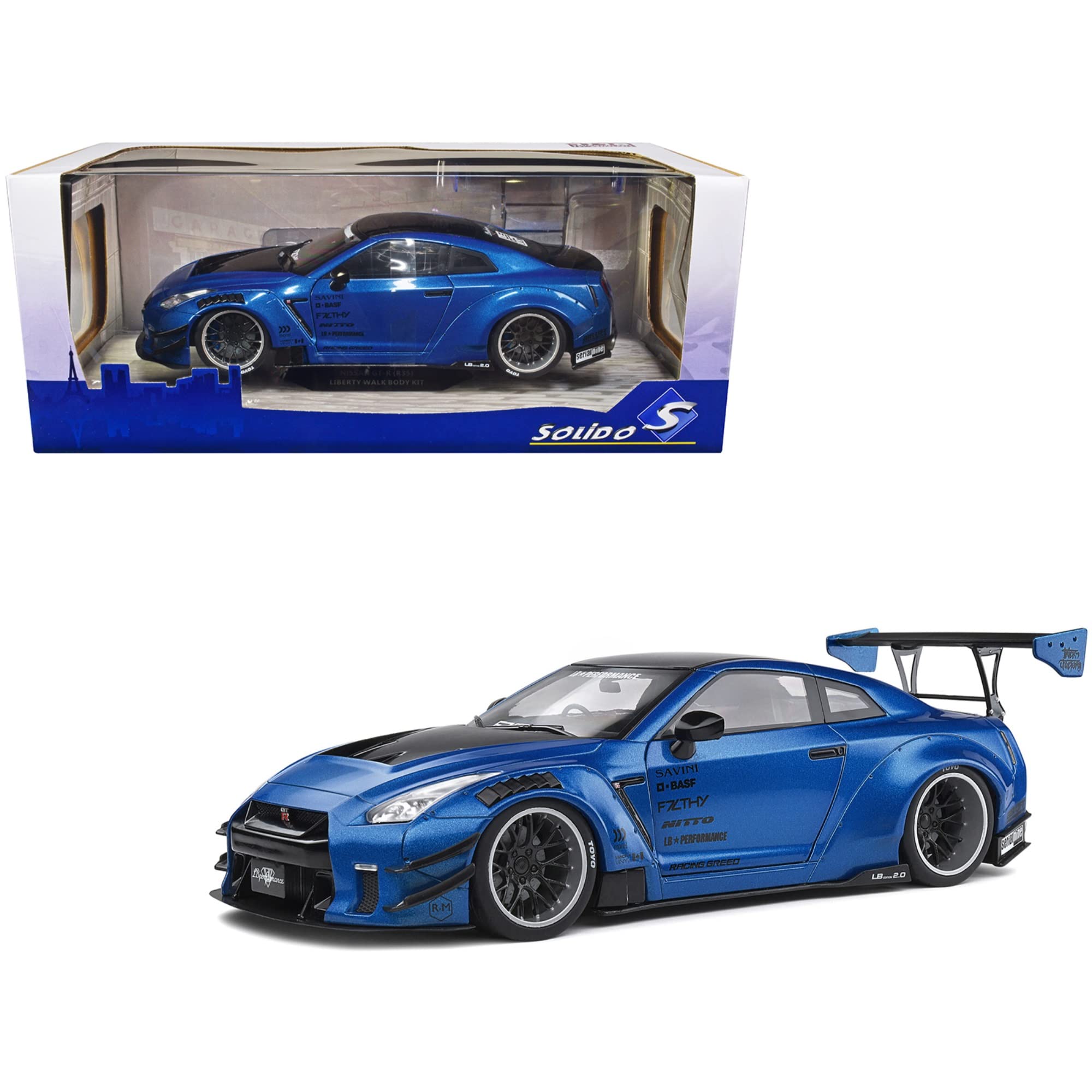 Solido S1805801 1:18 2020 Nissan GT-R (R35) with Liberty Walk Body Kit 2.0-Metallic Blue Collectible Miniature car