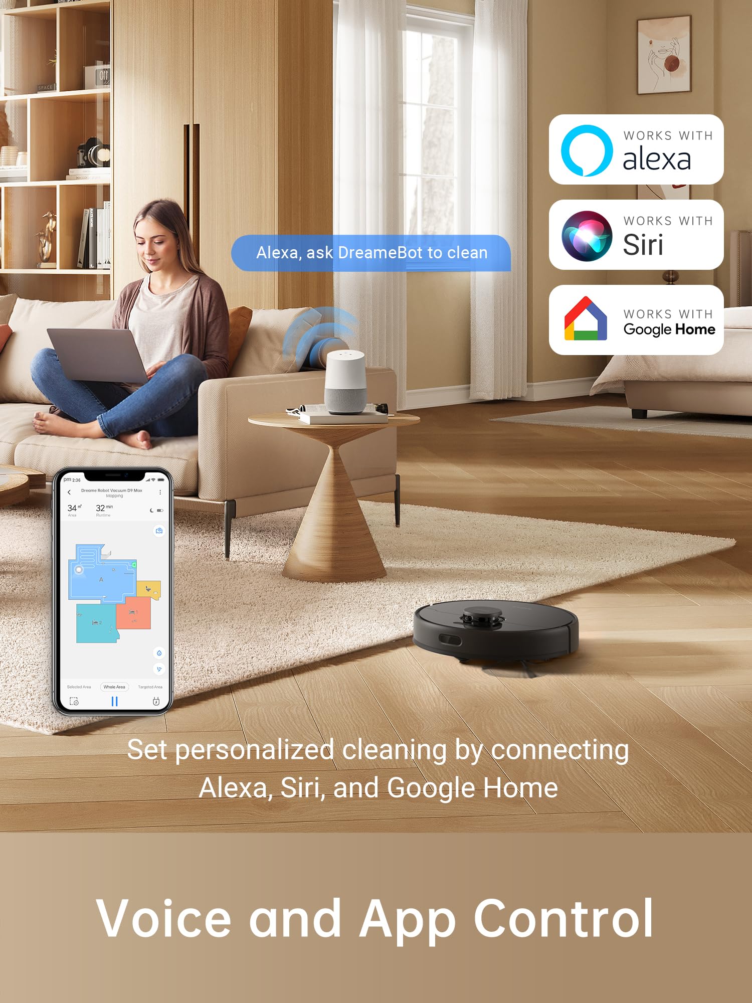 dreame D9 Max Robot Vacuum and Mop Combo, LiDAR Navigation, 4000Pa Strong Suction Power, 180mins Runtime, 2-in-1 Sweep and Mop, Compatible with Alexa