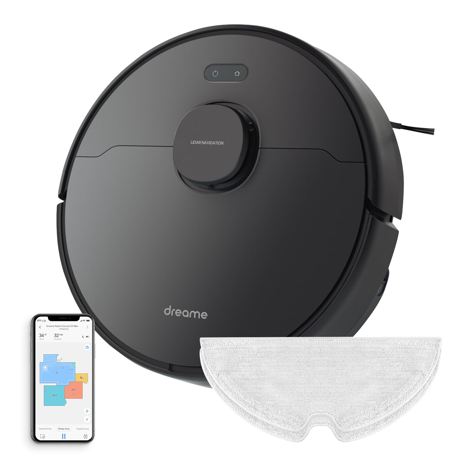 dreame D9 Max Robot Vacuum and Mop Combo, LiDAR Navigation, 4000Pa Strong Suction Power, 180mins Runtime, 2-in-1 Sweep and Mop, Compatible with Alexa