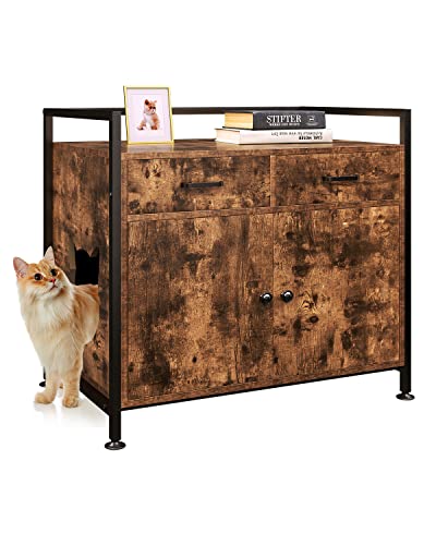 TC-HOMENY Cat Litter Box Enclosure Cabinet Storage Wooden Hidden Cat Washroom Furniture with 2 Doors, Drawers