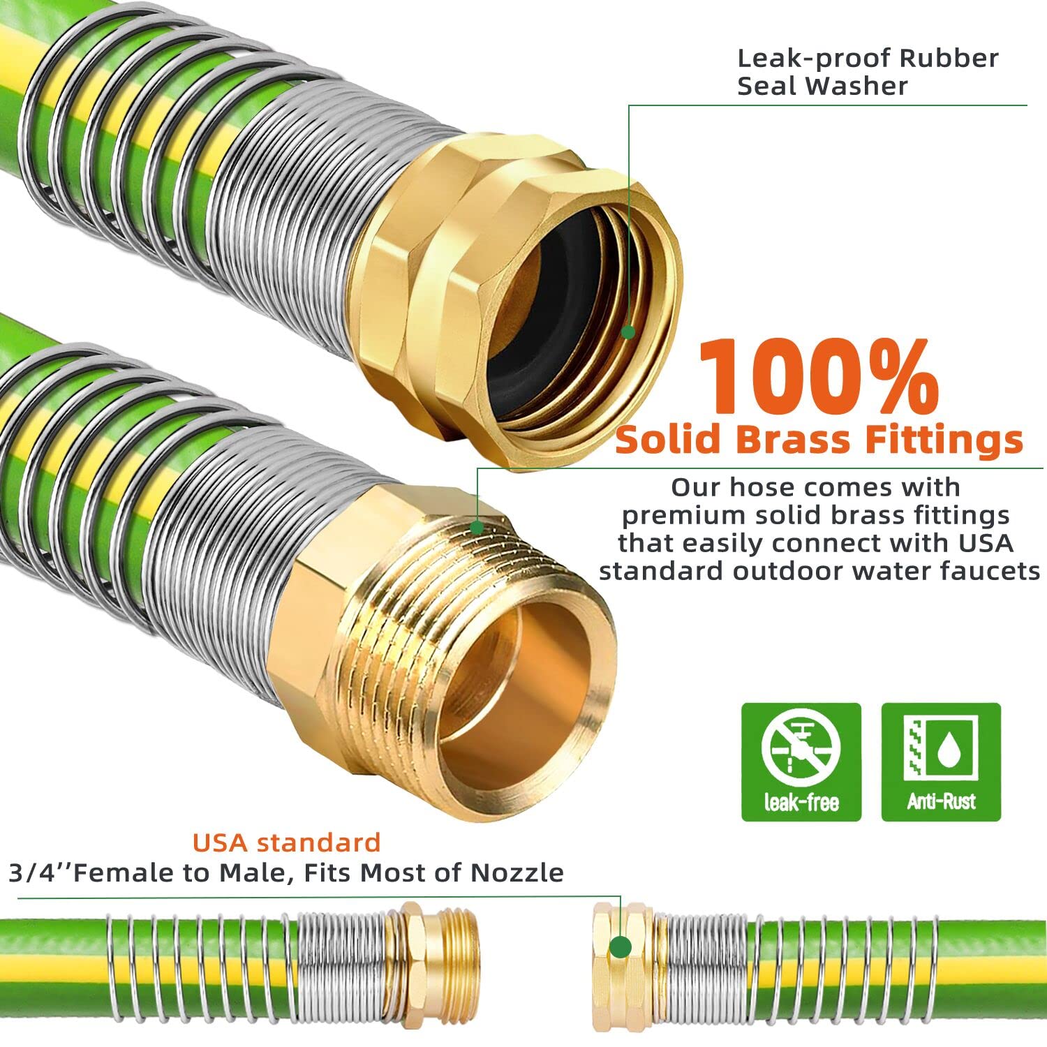 150 ft Garden Hose–Flexible,Lightweight Water Hoses with Spray Nozzle–Kink-less Rubber Car Washing Pipe Hose for All-Weather Outdoor,Lawn,Burst 600 psi,Male to Female 3/4'' Solid Brass Fittings