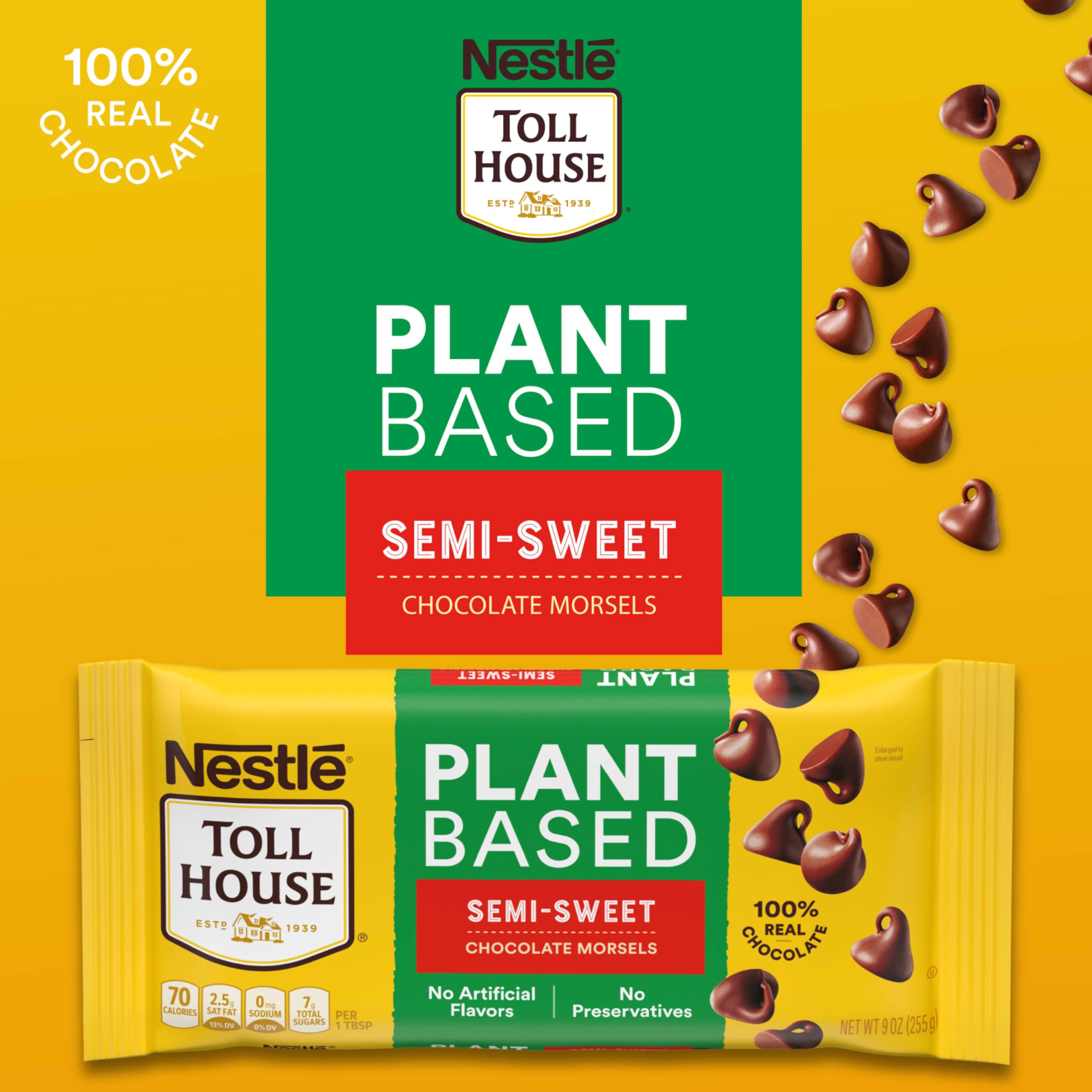 Nestle Toll House Plant Based Semi Sweet Chocolate Chip for Baking & Snacking, 100% Real Chocolate - Chocolate Morsels 9 Oz Bag
