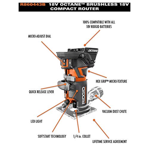 18-Volt OCTANE™ Cordless Brushless Compact Fixed Base Router with 1/4 in. Bit, Round and Square Bases, and Collet Wrench