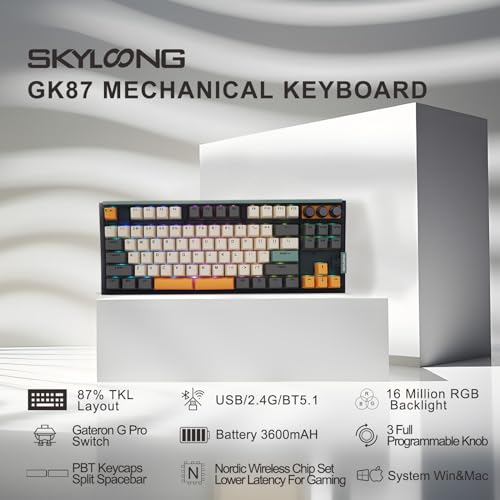 SKYLOONG GK87 V3 TKL Wireless Mechanical Keyboard - Nordic 2.4G/Bluetooth 5.1/USB Wired - Double Spacebar - 3Knobs - Gateron G Pro Switch-RGB Backlit Hot Swappable - Ti-Grey PBT Keycaps