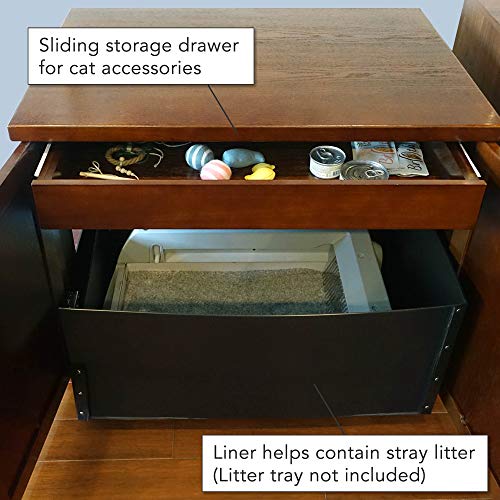 THE REFINED FELINE Cat Litter Box Enclosure Cabinet, Cottage, Mahogany Brown, Adjustable Levelers, Large, Hidden Litter Cat Furniture with Drawer