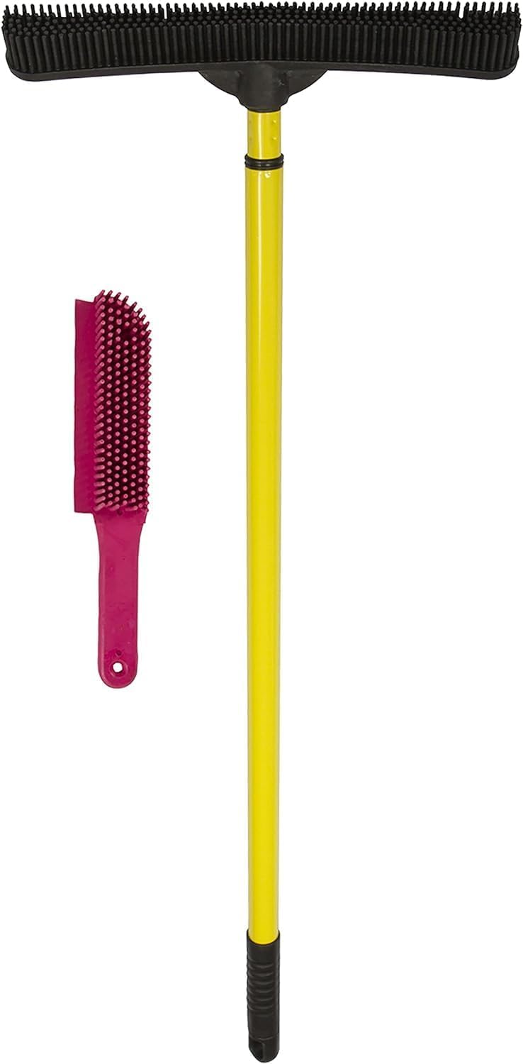 FURemover Pet Hair Removal Broom and Lint Brush Combo with Squeegee and Telescoping Handle That Extends from 3-5', Lint Brush Colors May Vary