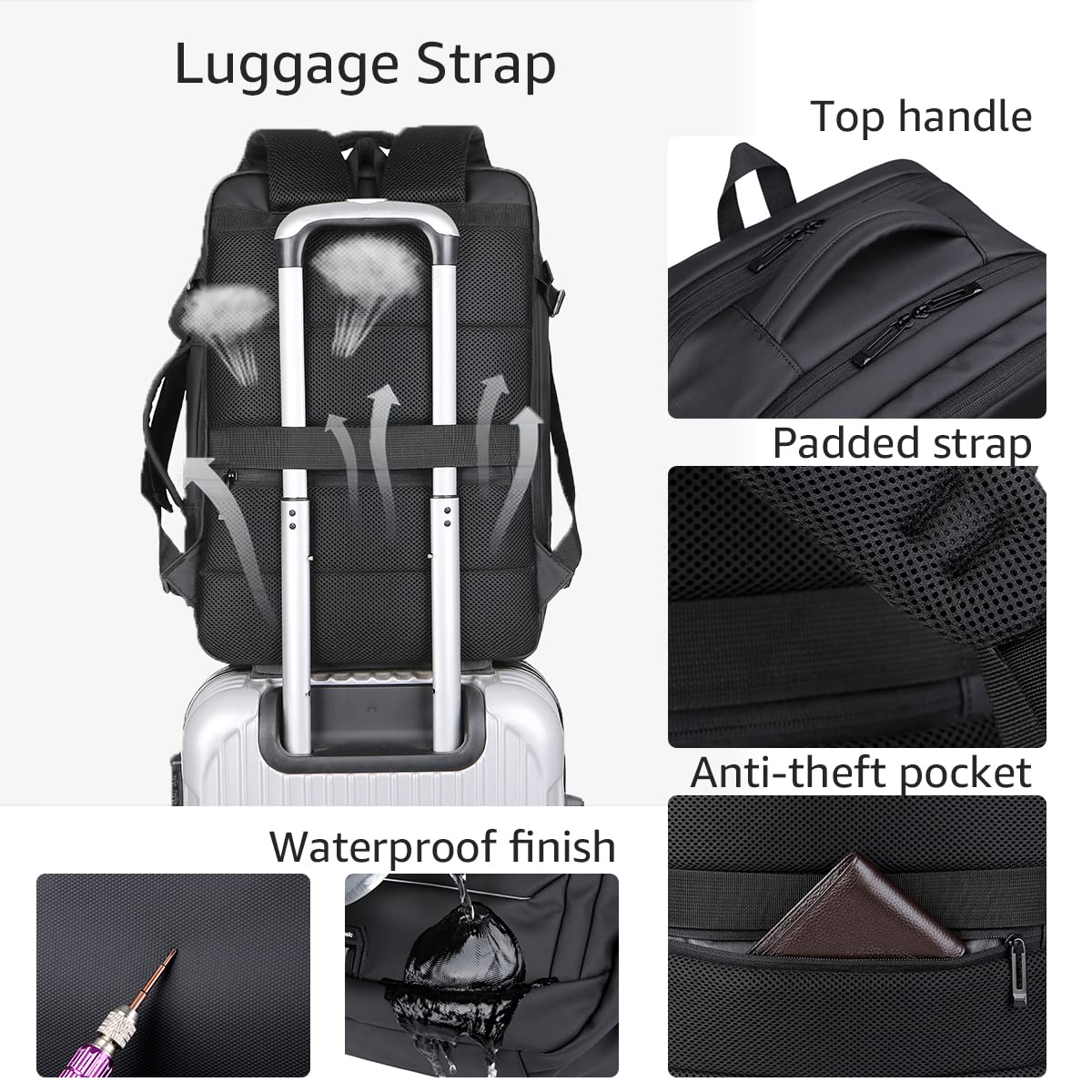 32L Travel Laptop Backpack for Men Fit 16 Inch Notebook, Flight Approved Carry On Suitcase Backpack, Expandable Large Luggage Backpack Water Resistant Weekender Overnight Daypack, Black