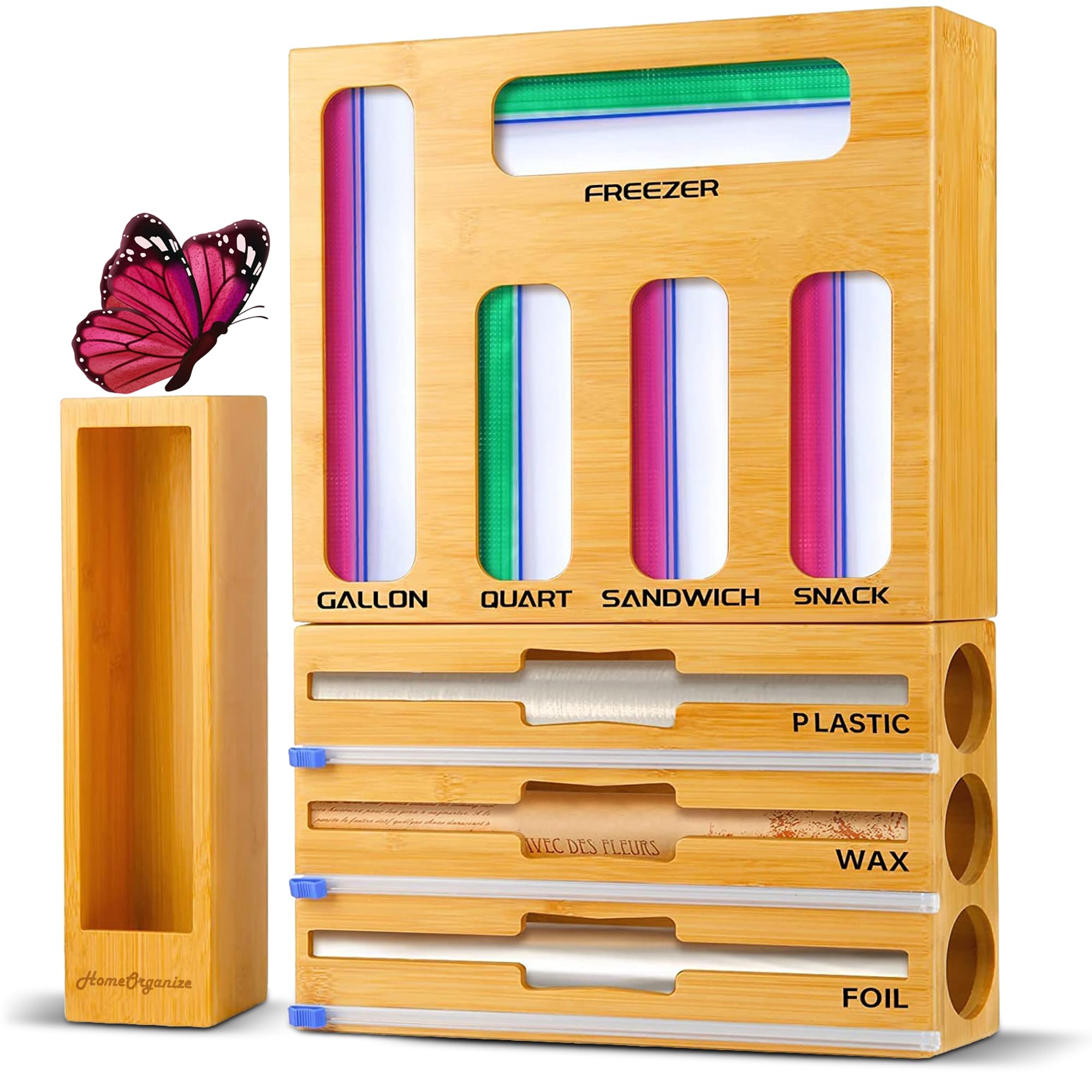 HomeOrganize Ziplock Bag Storage & Wrap Dispenser with Cutter,Clips Box & Labels for Kitchen Drawer & Wall,9 in 1 Bamboo Organizer for Gallon, Quart, Snack Bags & Plastic, Aluminum Foil, Wax 12" Roll.