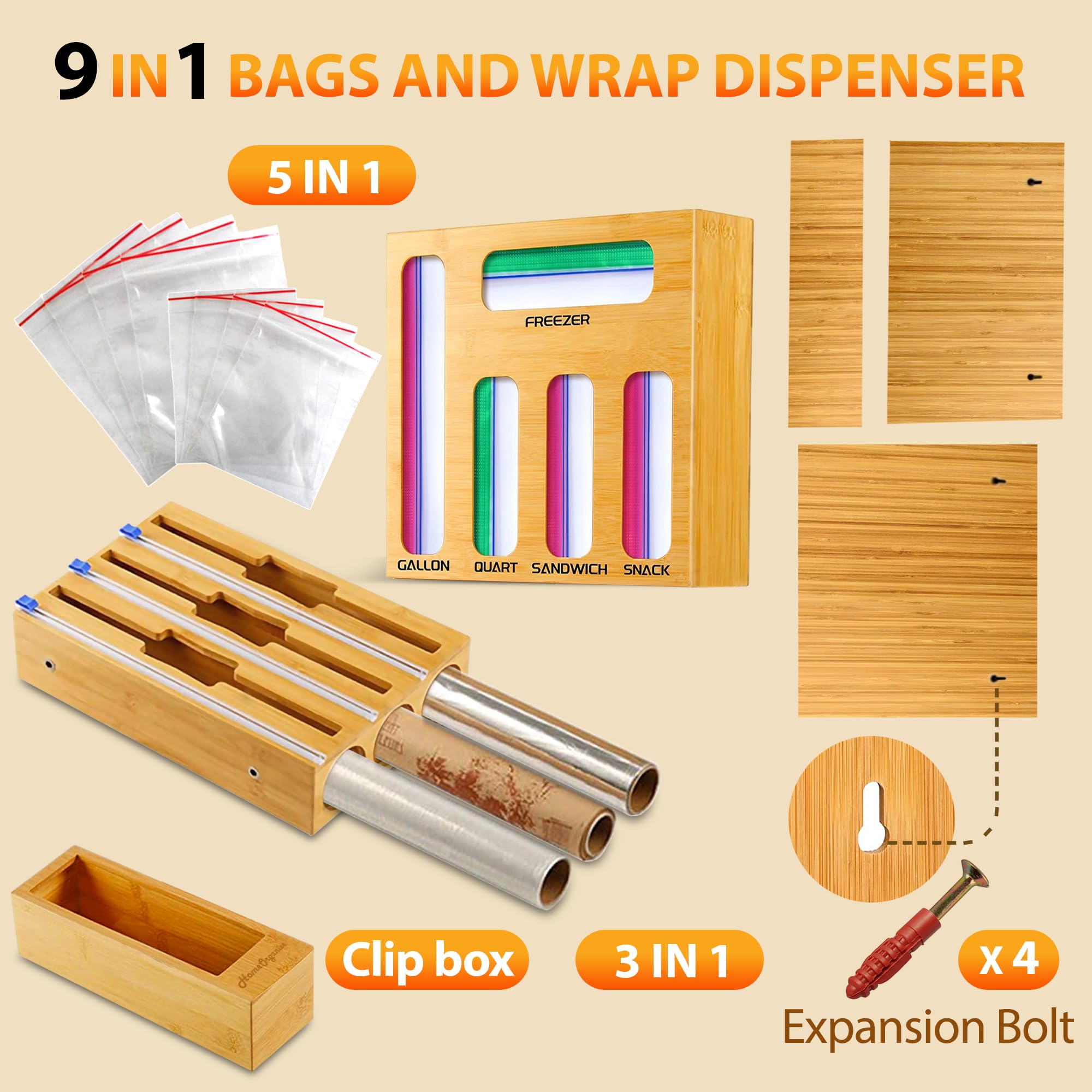 HomeOrganize Ziplock Bag Storage & Wrap Dispenser with Cutter,Clips Box & Labels for Kitchen Drawer & Wall,9 in 1 Bamboo Organizer for Gallon, Quart, Snack Bags & Plastic, Aluminum Foil, Wax 12" Roll.