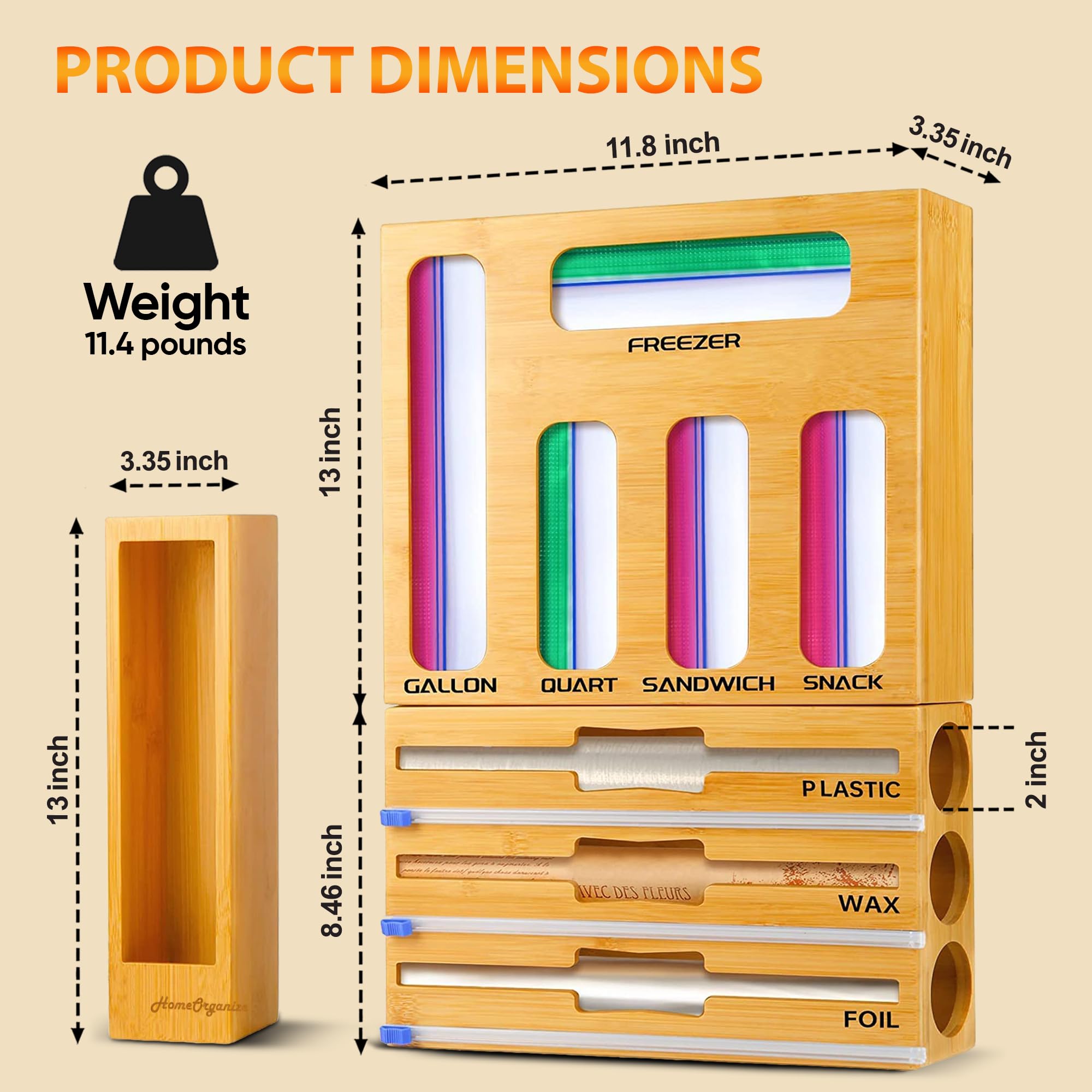 HomeOrganize Ziplock Bag Storage & Wrap Dispenser with Cutter,Clips Box & Labels for Kitchen Drawer & Wall,9 in 1 Bamboo Organizer for Gallon, Quart, Snack Bags & Plastic, Aluminum Foil, Wax 12" Roll.