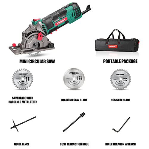 Mini Circular Saw, HYCHIKA Compact Circular Saw Tile Saw with 3 Saw Blades 4A Pure Copper Motor, 3-3/8”4500RPM Ideal for Wood, Soft Metal, Tile and Plastic Cuts, Laser Guide, Scale Ruler