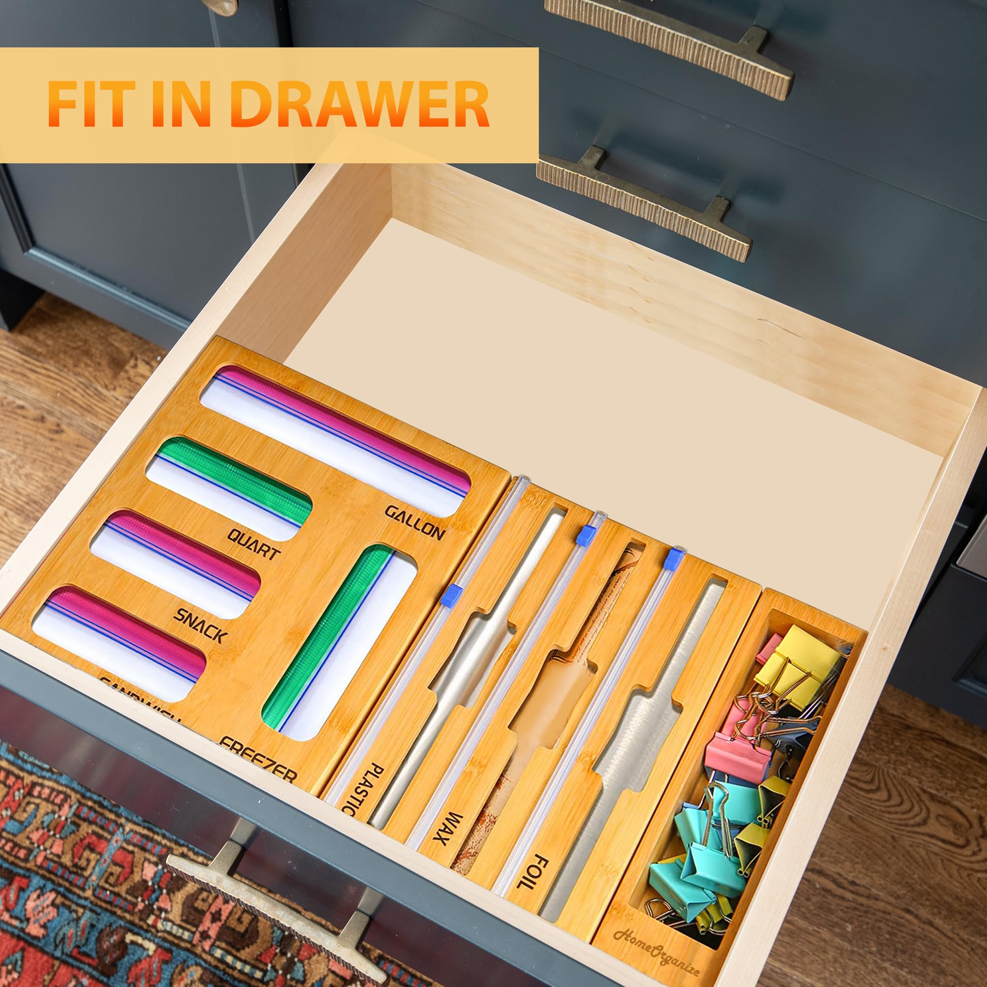 HomeOrganize Ziplock Bag Storage & Wrap Dispenser with Cutter,Clips Box & Labels for Kitchen Drawer & Wall,9 in 1 Bamboo Organizer for Gallon, Quart, Snack Bags & Plastic, Aluminum Foil, Wax 12" Roll.