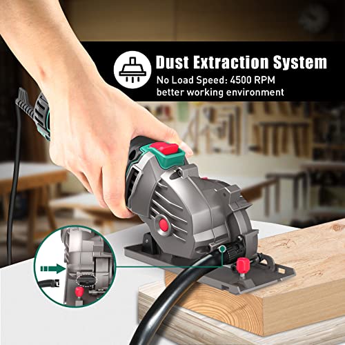 Mini Circular Saw, HYCHIKA Compact Circular Saw Tile Saw with 3 Saw Blades 4A Pure Copper Motor, 3-3/8”4500RPM Ideal for Wood, Soft Metal, Tile and Plastic Cuts, Laser Guide, Scale Ruler