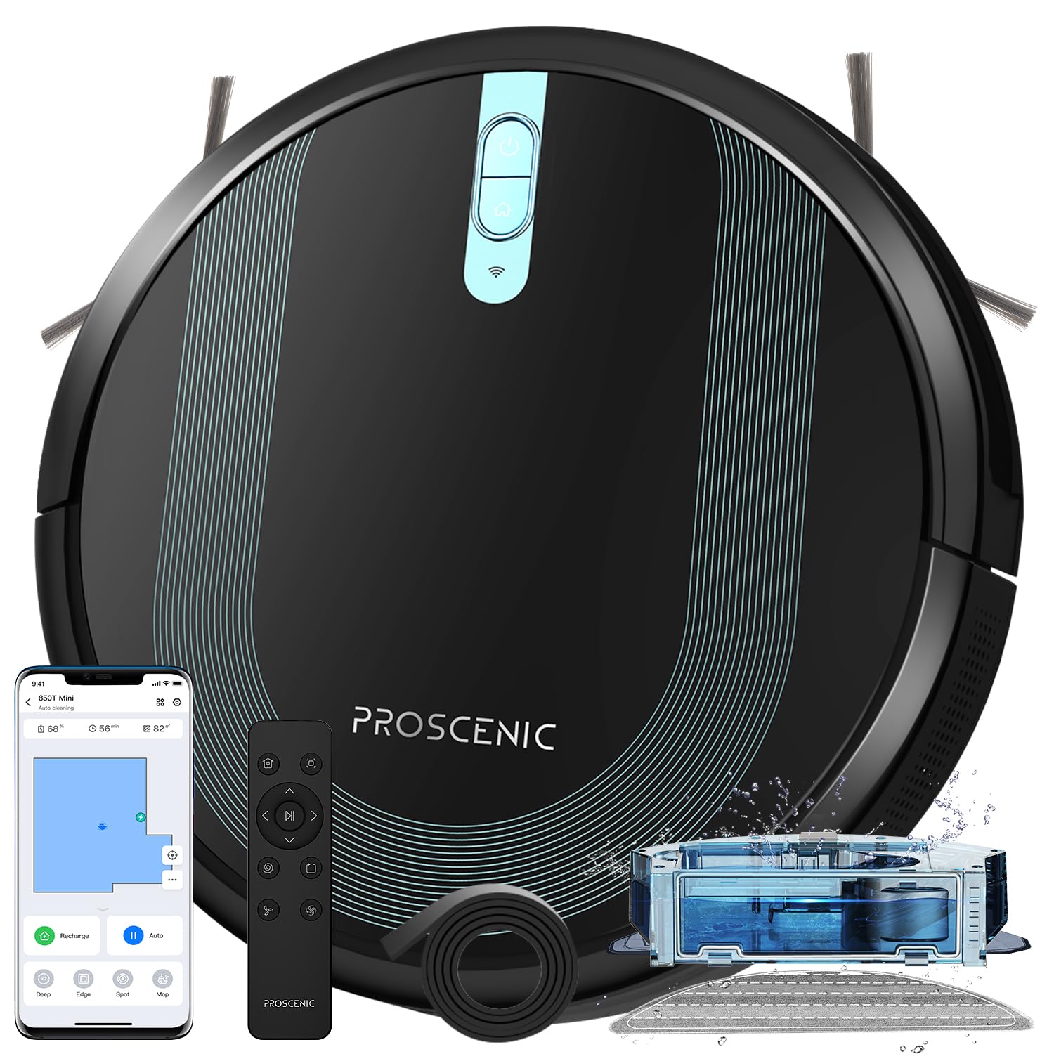 Proscenic 850T Robot Vacuum and Mop Combo, WiFi/App/Alexa/Siri Control, Robotic Cleaner with Gyro Navigation, Boundary Strip Included, Self-Charging, Slim, Good for Hard Floor, Pet Hair, Carpet
