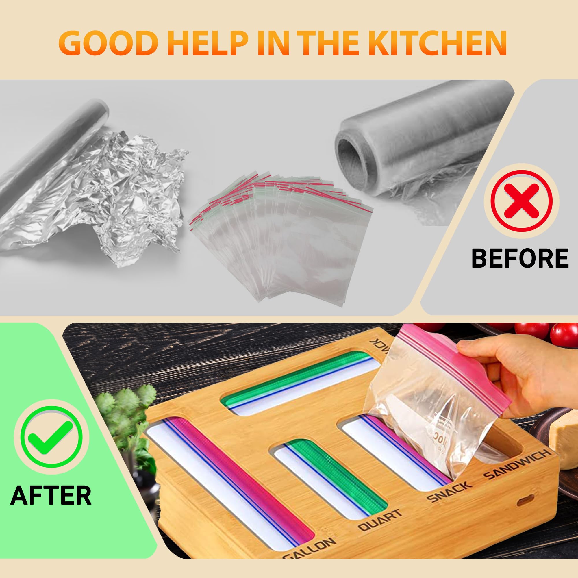 HomeOrganize Ziplock Bag Storage & Wrap Dispenser with Cutter,Clips Box & Labels for Kitchen Drawer & Wall,9 in 1 Bamboo Organizer for Gallon, Quart, Snack Bags & Plastic, Aluminum Foil, Wax 12" Roll.