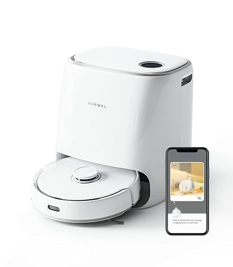 NARWAL Freo Robot Vacuum and Mop Comb, Washing & Drying, Dirt Sense Ultra Clean, Auto Add Cleaner, LCD Display, Smart Swing, Arcuate-Route, WiFi, APP Control, White