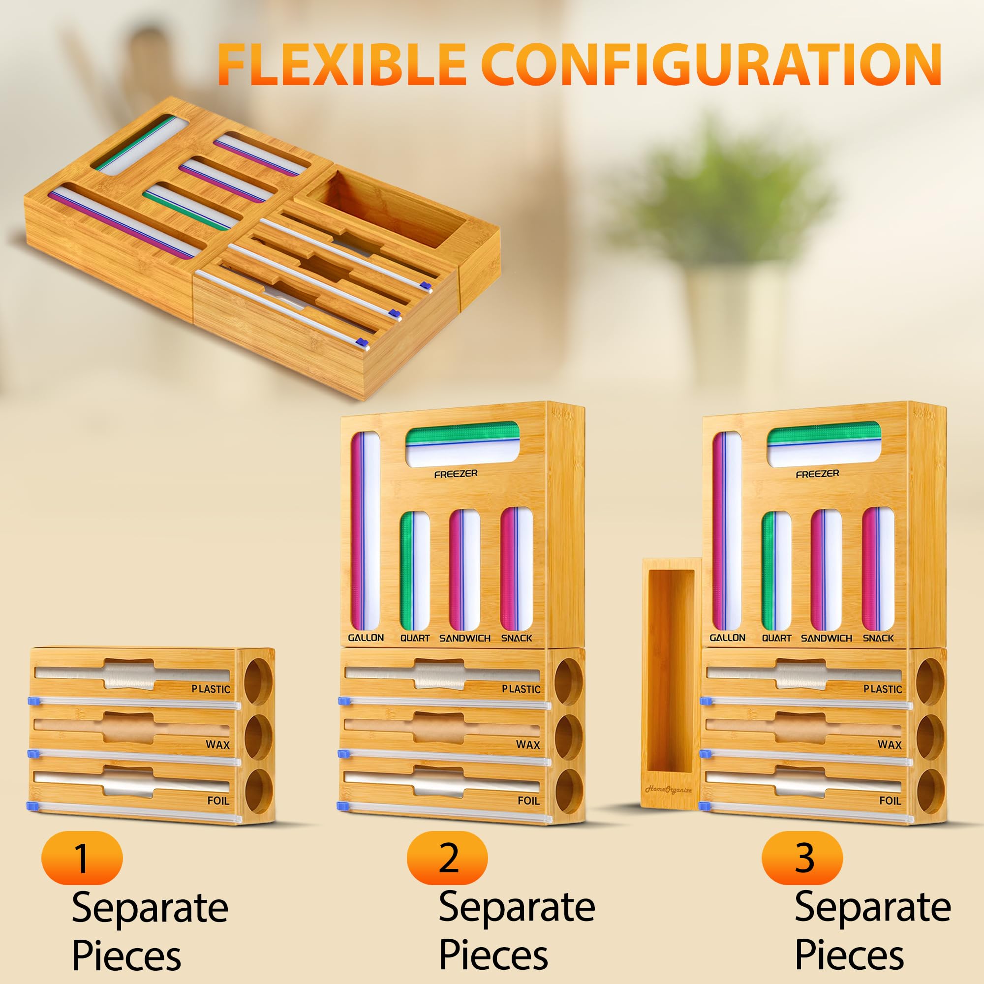 HomeOrganize Ziplock Bag Storage & Wrap Dispenser with Cutter,Clips Box & Labels for Kitchen Drawer & Wall,9 in 1 Bamboo Organizer for Gallon, Quart, Snack Bags & Plastic, Aluminum Foil, Wax 12" Roll.