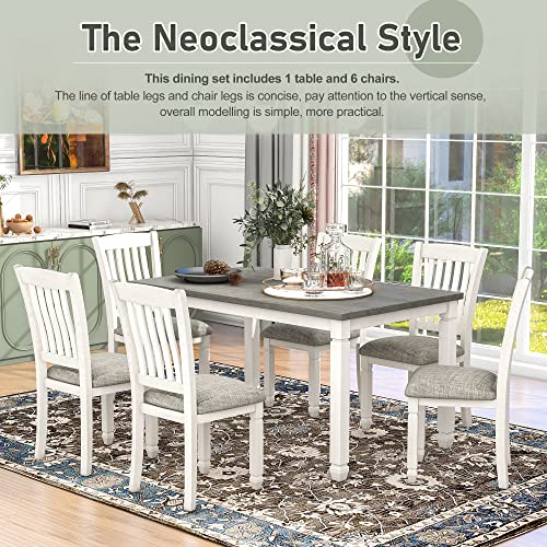 Neoclassical 7-Piece Dining Table Set, Solid Wood Kitchen Dining Room Table Set of 7, Rectangle Dining Table with 6 Upholstered Chairs and Shaped Legs, Family Dining Kitchen Set for 6