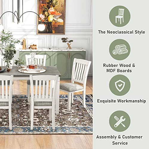 Neoclassical 7-Piece Dining Table Set, Solid Wood Kitchen Dining Room Table Set of 7, Rectangle Dining Table with 6 Upholstered Chairs and Shaped Legs, Family Dining Kitchen Set for 6
