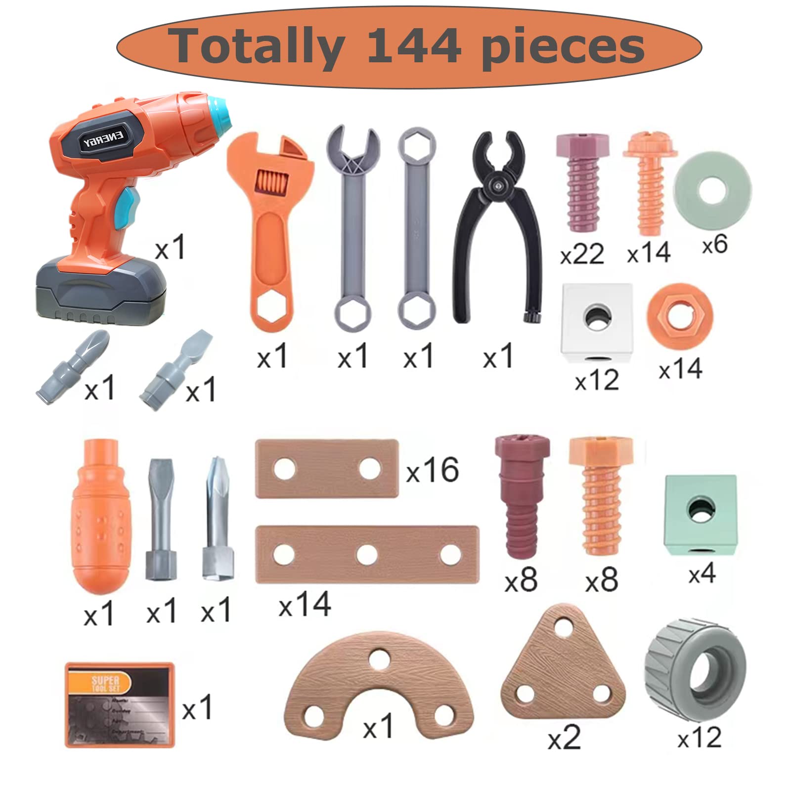 Kids Tools Set, SWGIEEI 144 PCS Toddler Tool Box with Tools & Electronic Toy Drill, Pretend Play Toddler Tolls, Toy Tools for Kids Boys Girls Ages 3,4,5,6,7,8 Years Old