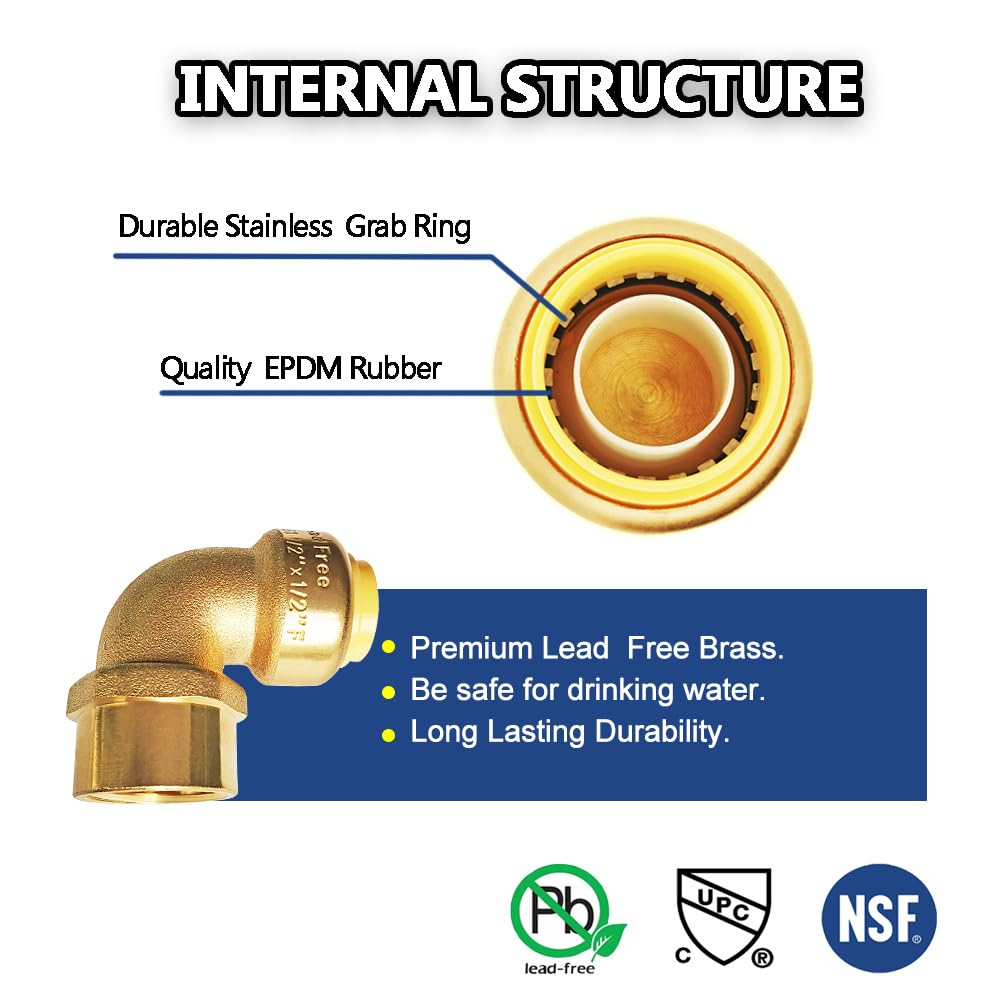 HQMPC 1/2" Pex Fittings No Lead Female PushFit Elbow 90-Degree -PEX Fitting 1/2" 90 Degree Elbow Push-to-Connect Plumbing Fitting for Copper, PEX, CPVC (6pcs1/2") …