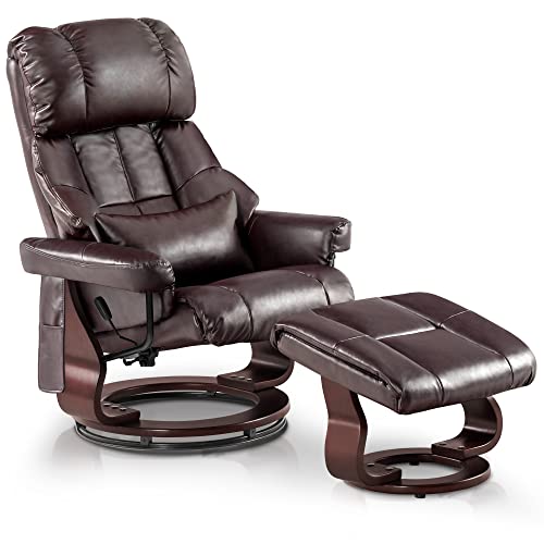 MCombo Recliner with Ottoman Reclining Chair with Vibration Massage and Removable Lumbar Pillow, 360 Degree Swivel Wood Base, Faux Leather 9068 (Dark Brown)
