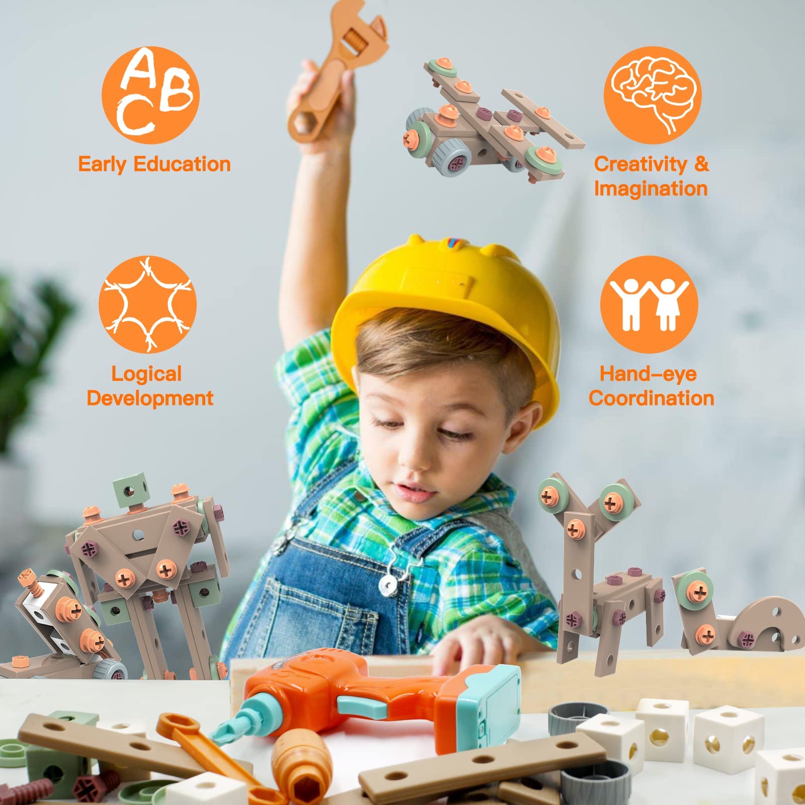 Kids Tools Set, SWGIEEI 144 PCS Toddler Tool Box with Tools & Electronic Toy Drill, Pretend Play Toddler Tolls, Toy Tools for Kids Boys Girls Ages 3,4,5,6,7,8 Years Old