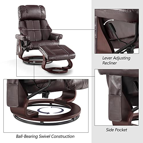 MCombo Recliner with Ottoman Reclining Chair with Vibration Massage and Removable Lumbar Pillow, 360 Degree Swivel Wood Base, Faux Leather 9068 (Dark Brown)
