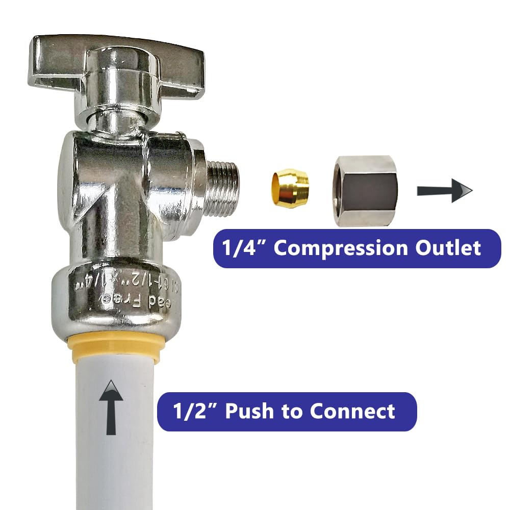 HQMPC Angle valve Angle Stop Valve, No lead Brass 1/2" Ptc x 1/4" Compression Push Fit Angle Shut Off Water Valve with Disconnect Clip Push-to-Connect, PEX, Copper, CPVC