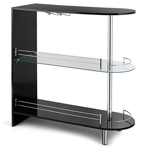 COSTWAY Bar Cabinets Table with 2-Holder, Modern Liquor Display Bar Cabinet with Tempered Glass Shelves, Wine Storage with Wine Glass Holders Ideal for Home/Kitchen/Bar/Pub, Black